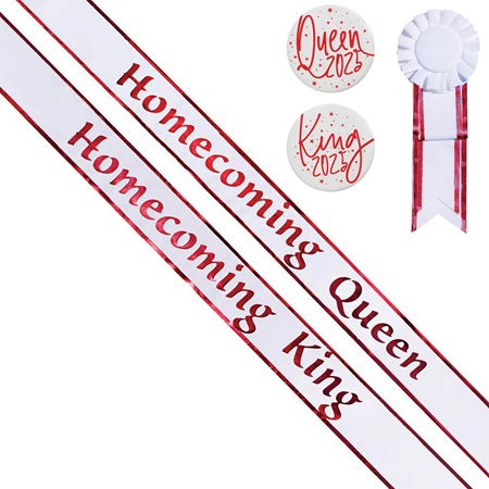 Homecoming King/Queen Sashes and Buttons Set - White/Red Edges | Anderson's